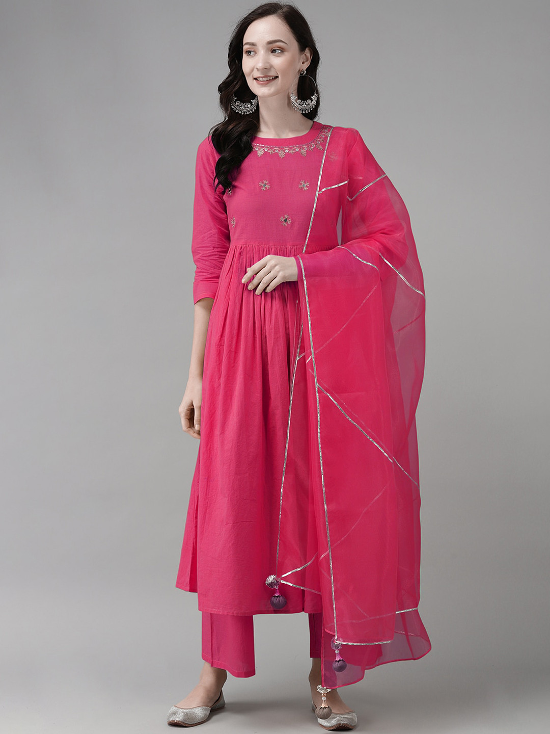 Buy Indo Era Women Pink Ethnic Motifs Yoke Design Thread Work Kurta ...