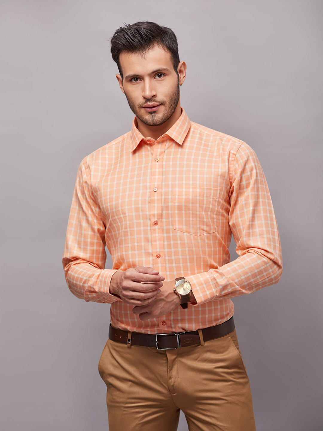 Buy Oxemberg Men Orange Classic Slim Fit Checked Semiformal Shirt ...