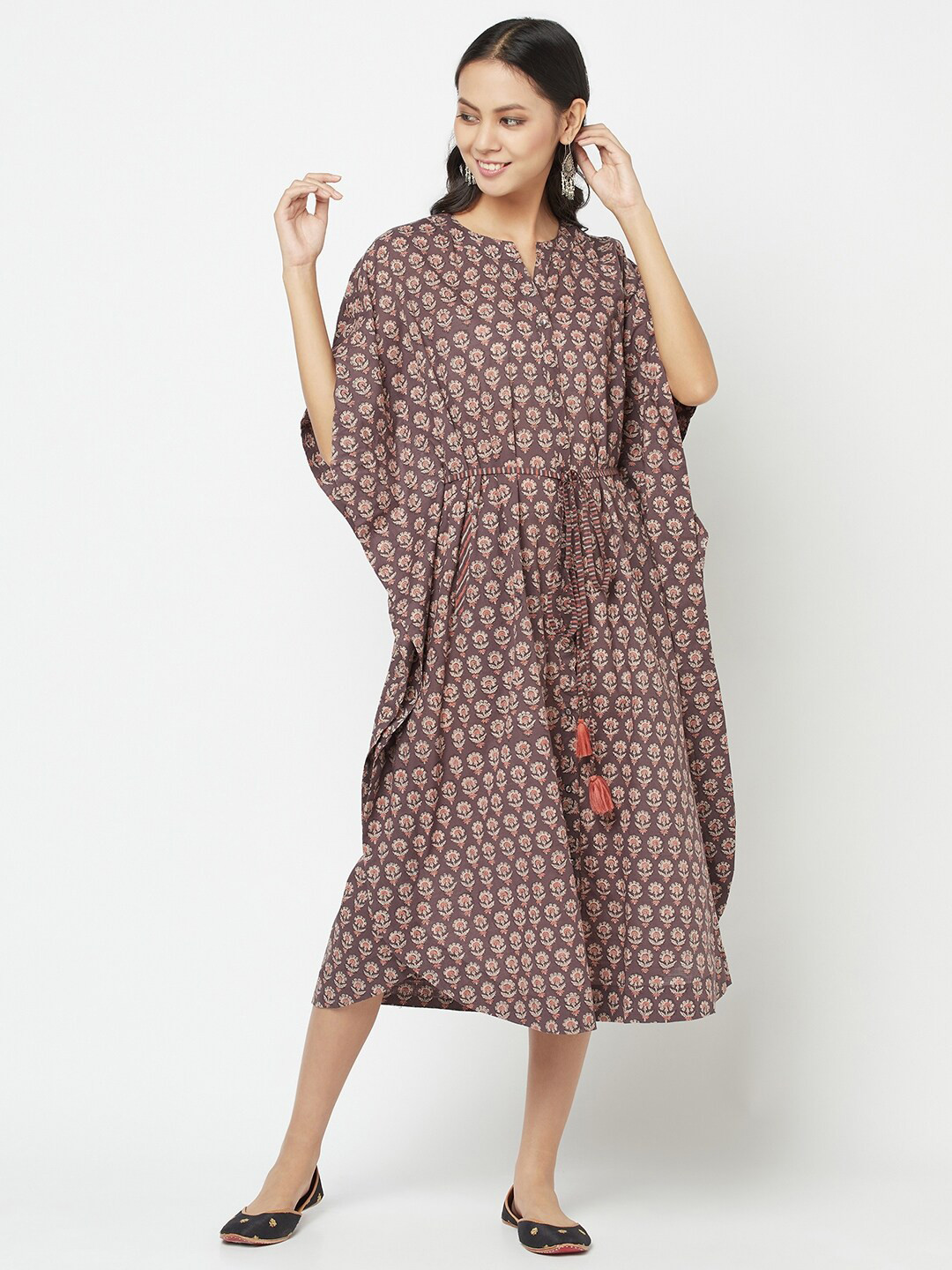 Buy Fabindia Brown & Beige Ethnic Motifs Printed Cotton Kaftan Midi ...