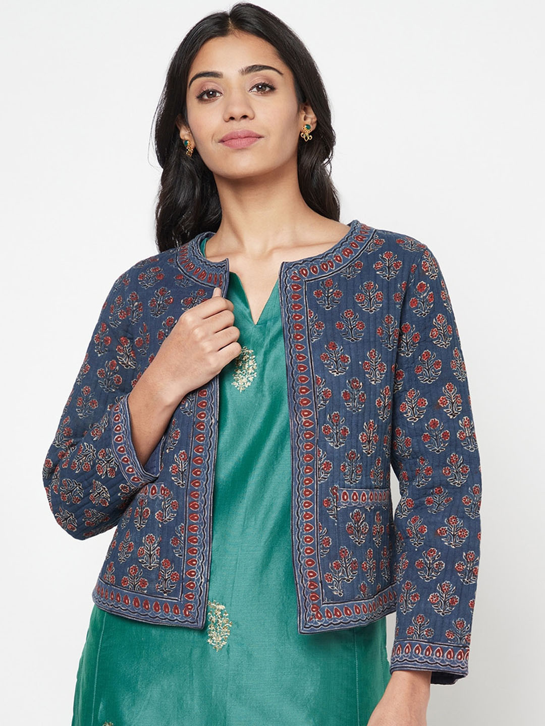 Buy Fabindia Women Blue Floral Tailored Jacket With Embroidered ...