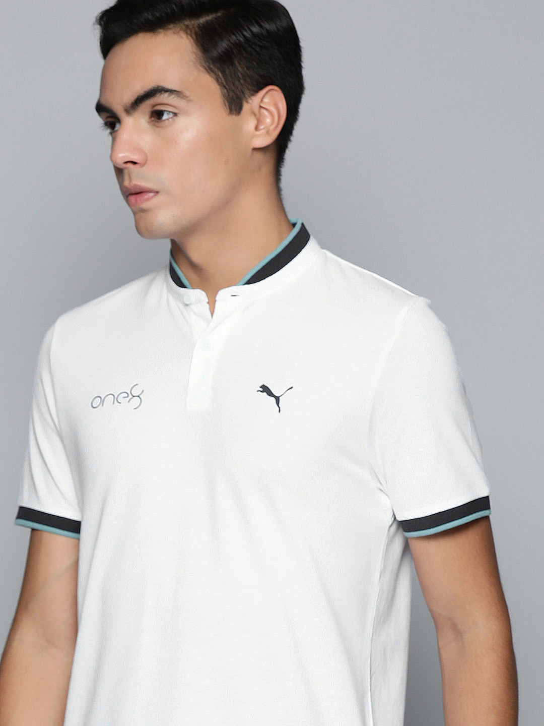 Buy One8 X PUMA Men White & Blue Printed Mandarin Collar Casual T Shirt ...