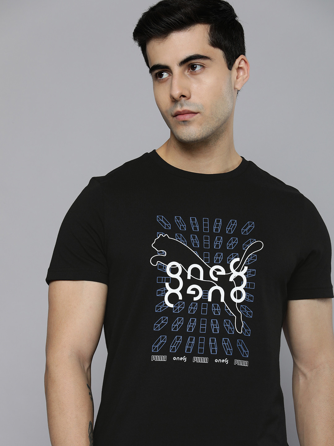 Buy One8 X PUMA Men Black & Blue Brand Logo Printed Pure Cotton T Shirt ...