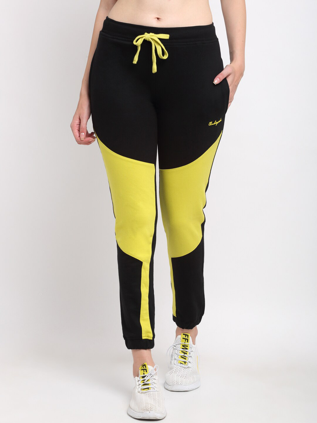 Buy Club York Black & Yellow Colourblocked Straight Fit Joggers - Track ...
