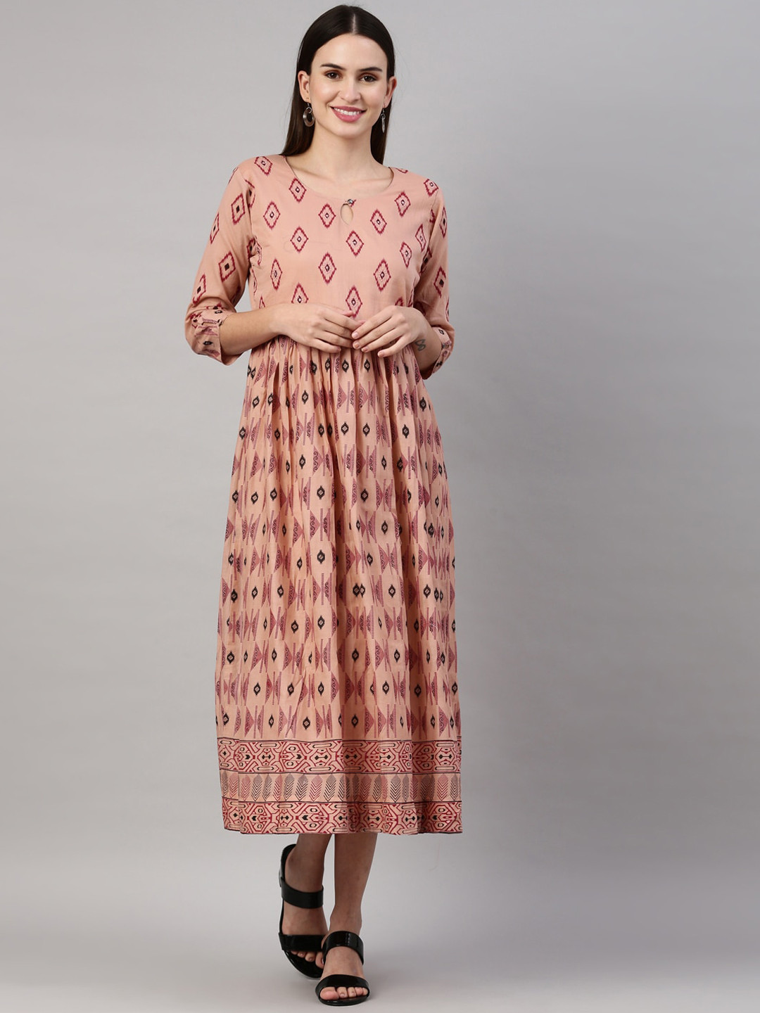 Buy GOLDSTROMS Women Peach Coloured Printed Cotton Anarkali Kurta ...