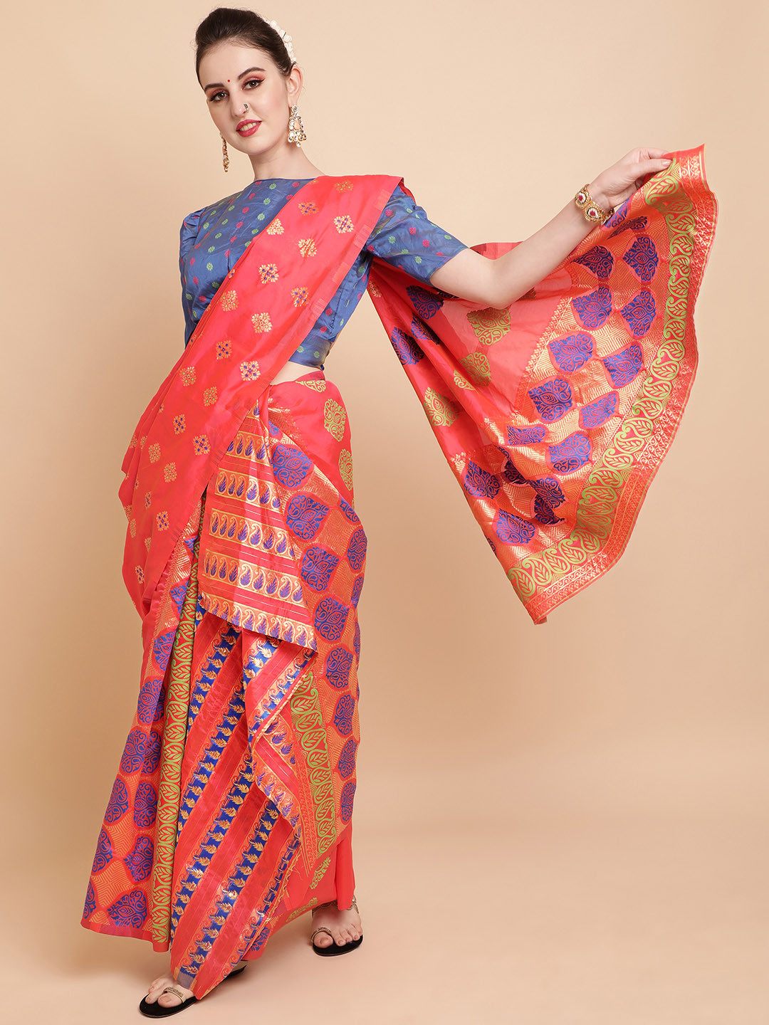 Buy Sangria Pink & Blue Silk Blend Assamese Mekhela Chador - Sarees for ...