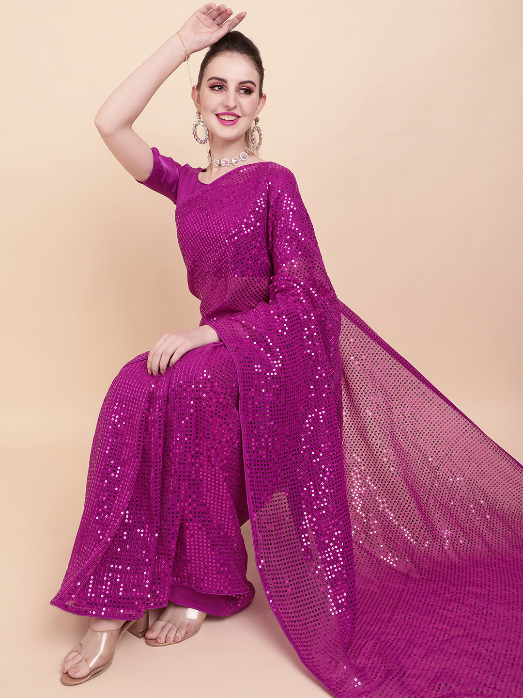 Buy Sangria Purple Embellished Sequinned Pure Georgette Saree - Sarees ...