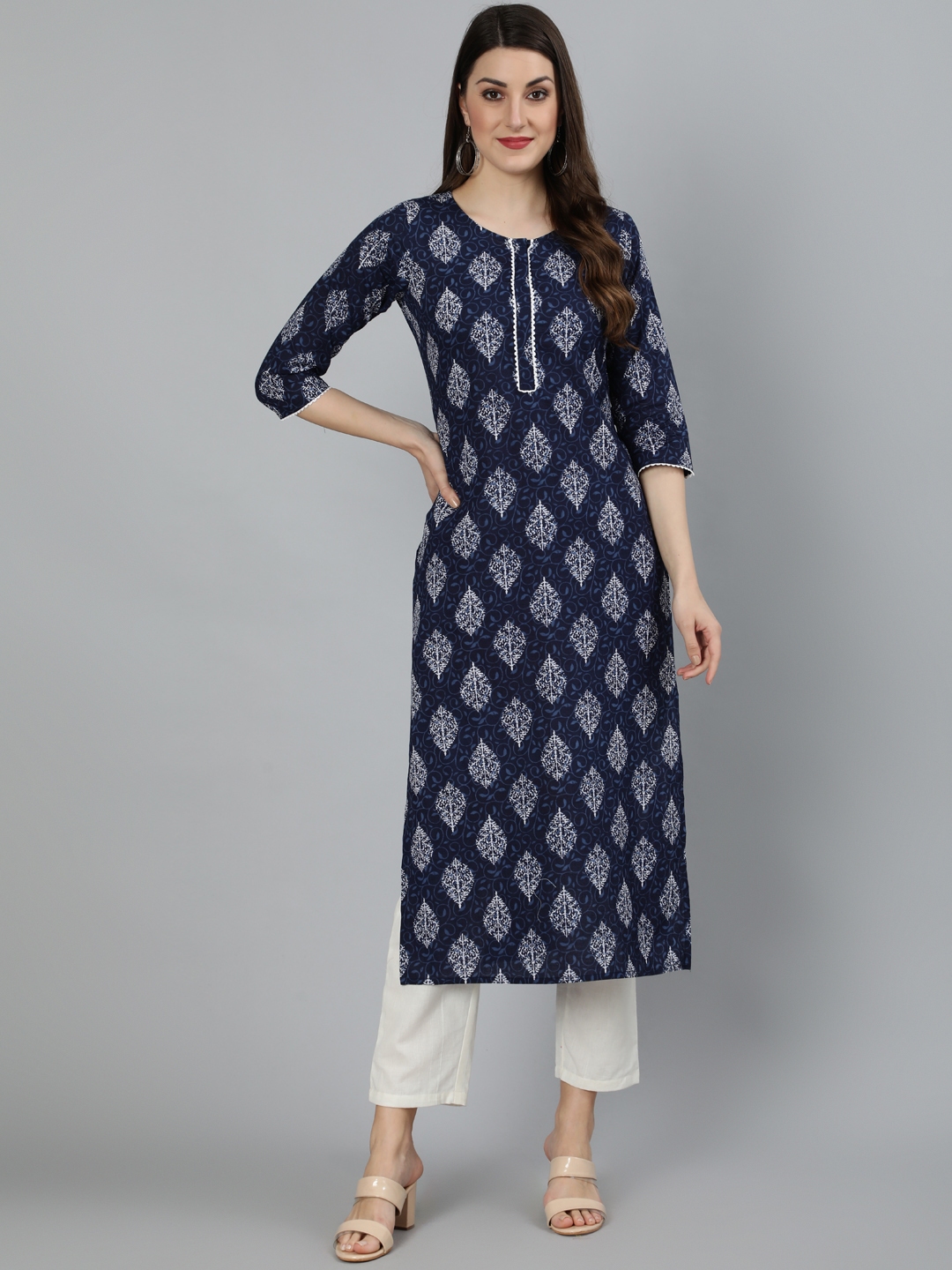 Buy Nayo Women Navy Blue And White Ethnic Motifs Printed Cotton Indigo