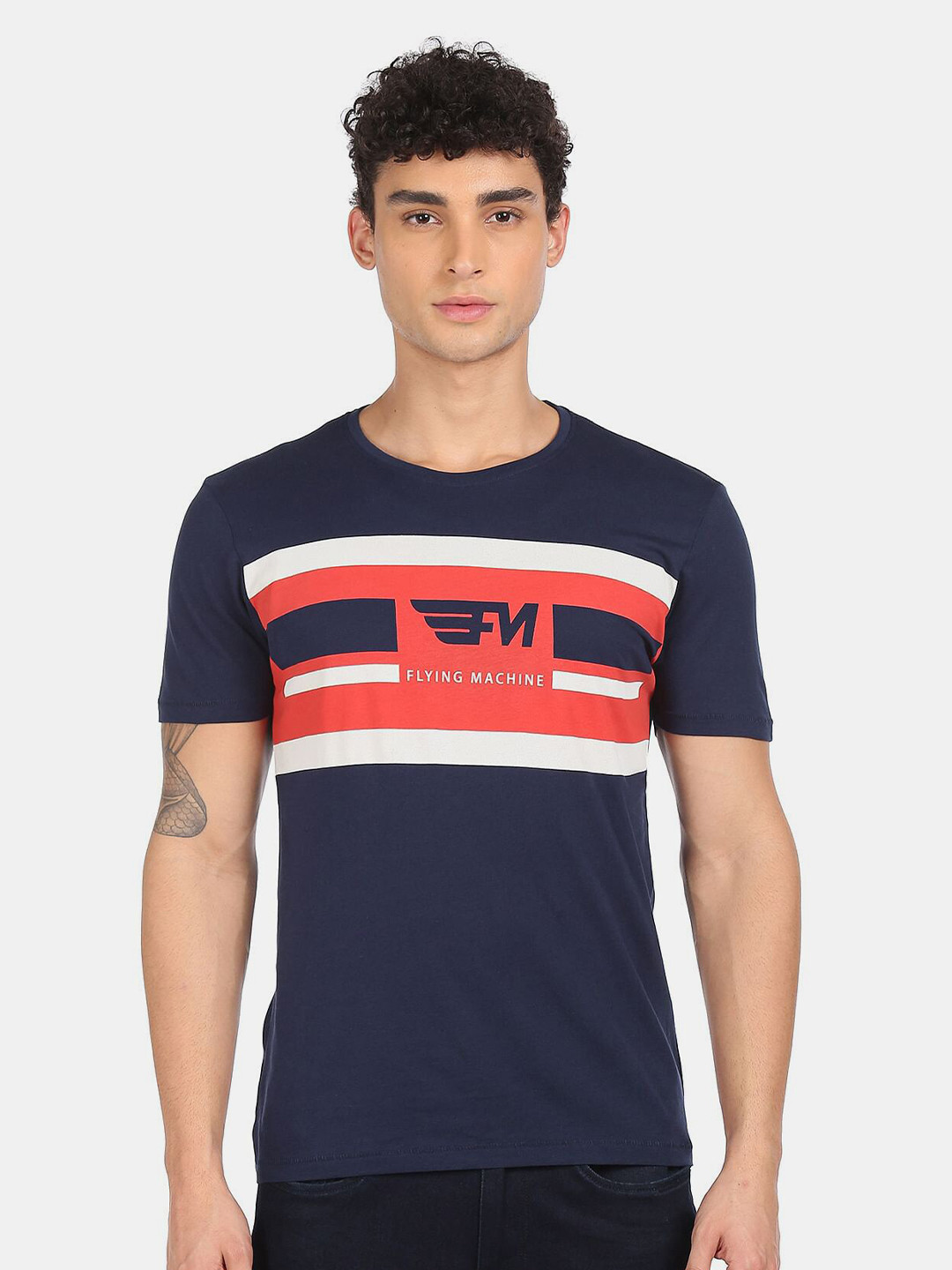 Buy Flying Machine Men Navy Blue & Orange Striped T Shirt - Tshirts for ...
