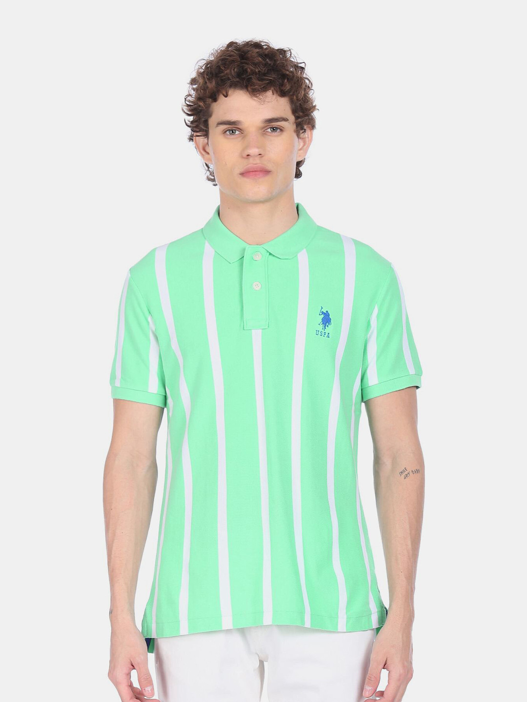 Buy U S Polo Assn Men Green Striped Polo Collar Cotton T Shirt ...