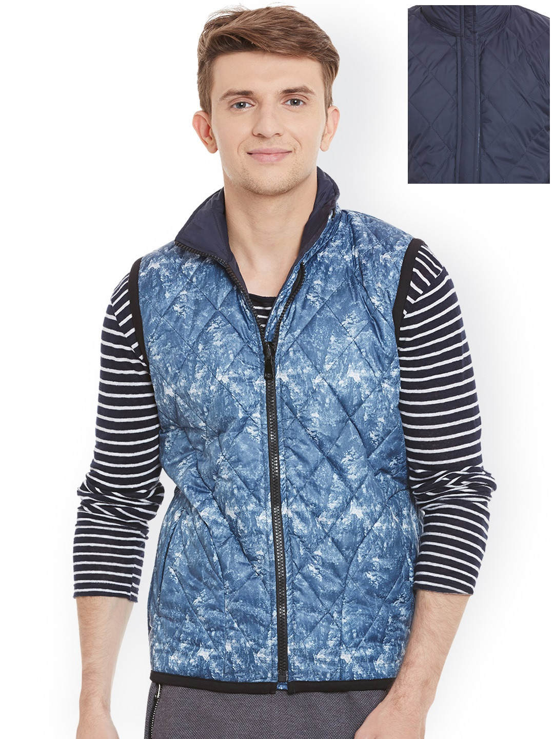 Buy Wear Your Mind Men Blue Printed Reversible Quilted Jacket - Jackets ...