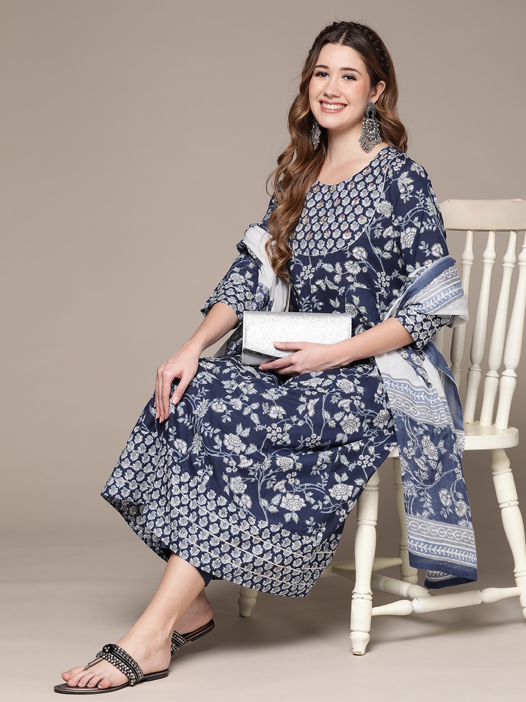 Buy Anubhutee Women Blue Ethnic Motifs Printed Pure Cotton Kurta With