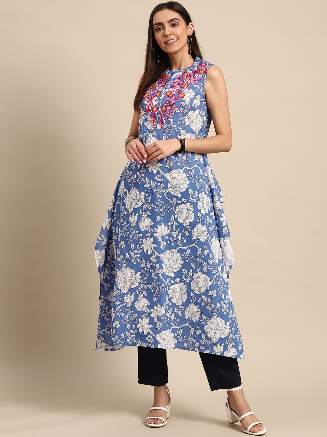 Buy Anouk Women Blue And White Floral Printed Floral Kurta Kurtas For