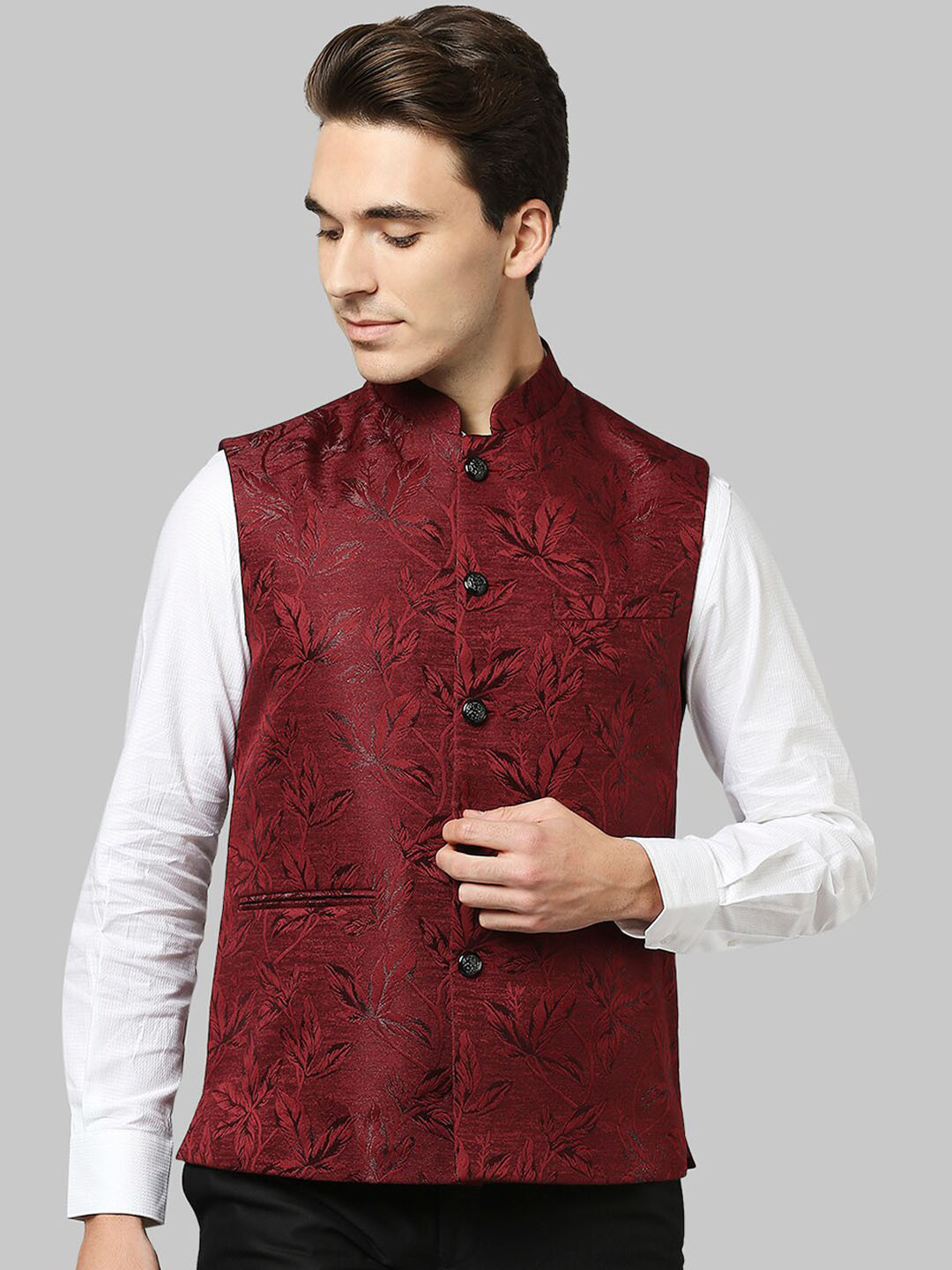 Buy Raymond Men Maroon Woven Design Nehru Jacket - Nehru Jackets for ...