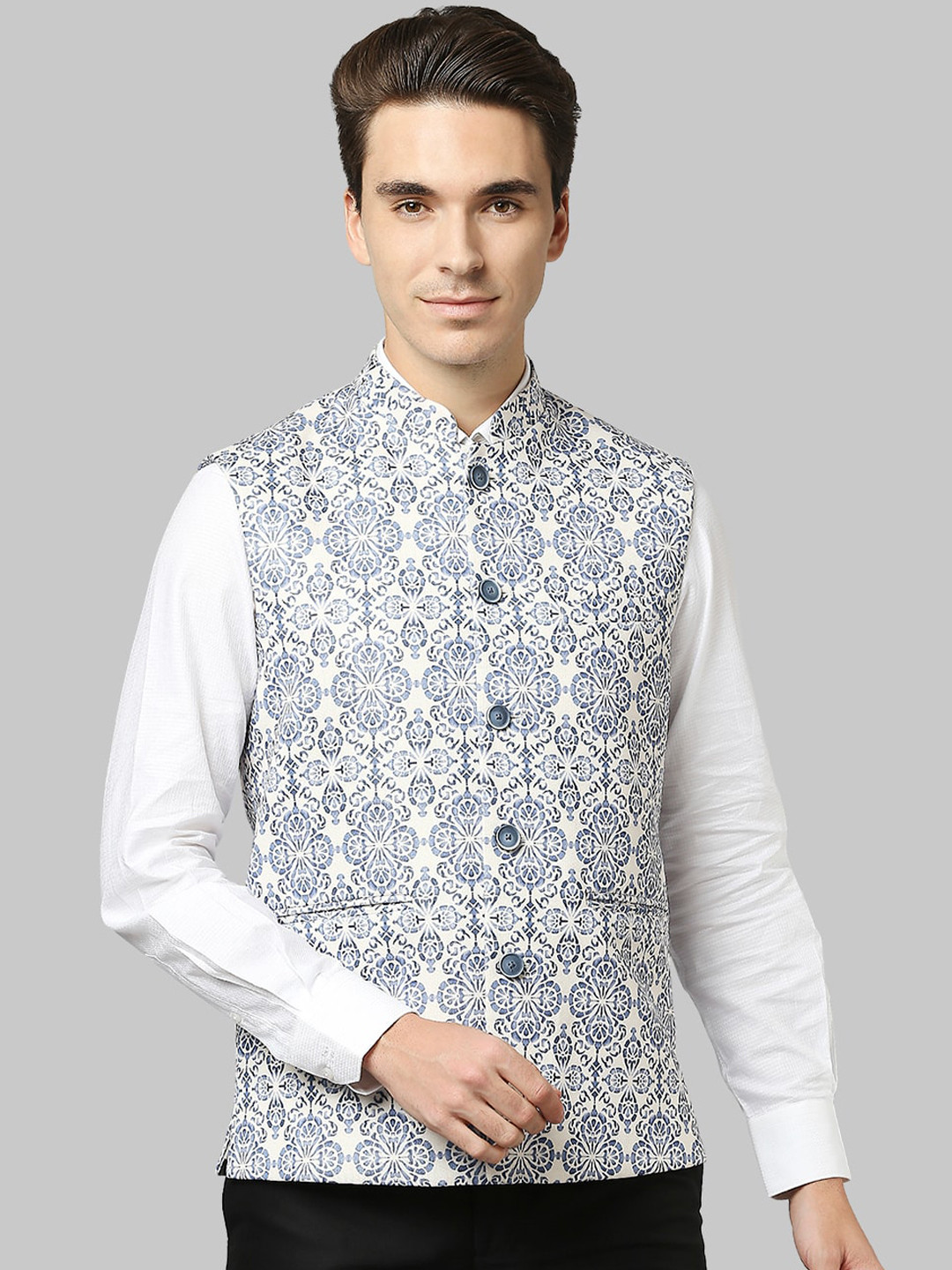 Buy Raymond Men White & Blue Printed Nehru Jacket - Nehru Jackets for ...