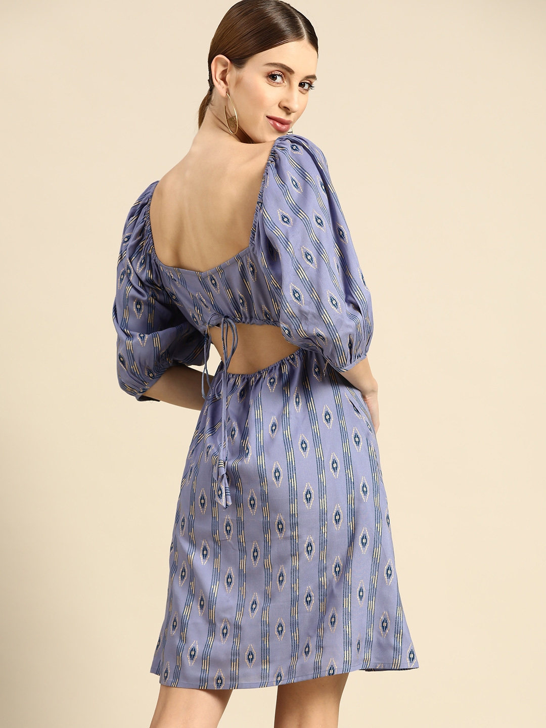 Buy Anouk Women Blue And Golden Ethnic Motifs Printed A Line Dress With