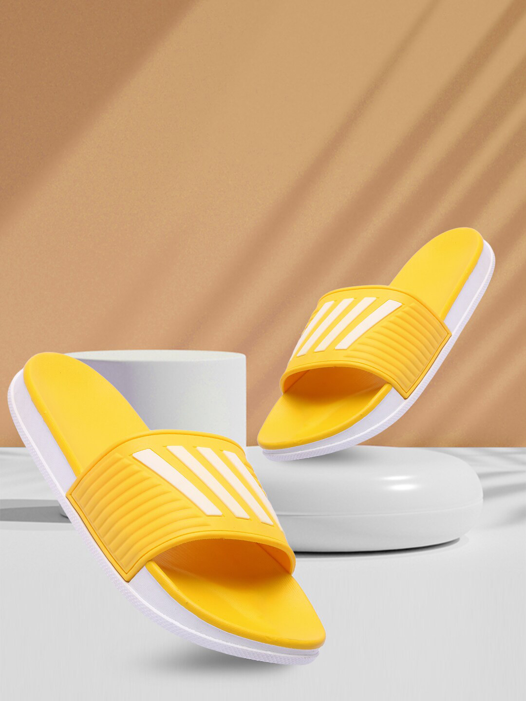 Buy Longwalk Men Yellow & White Printed Sliders - Flip Flops for Men ...