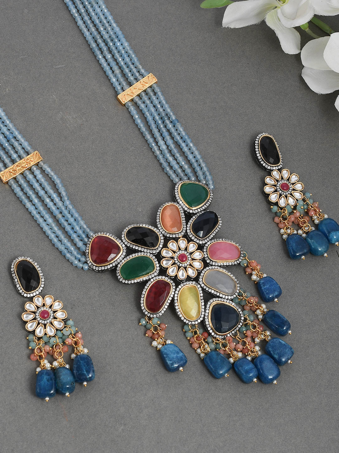 Buy Silvermerc Designs Gold Plated & Blue AD Studded Long Jewellery Set ...