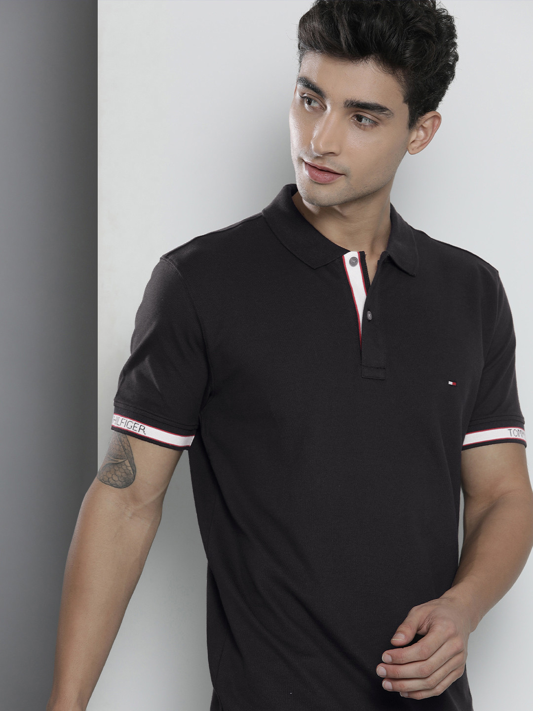 Buy Tommy Hilfiger Men Black Polo Collar T Shirt - Tshirts for Men ...