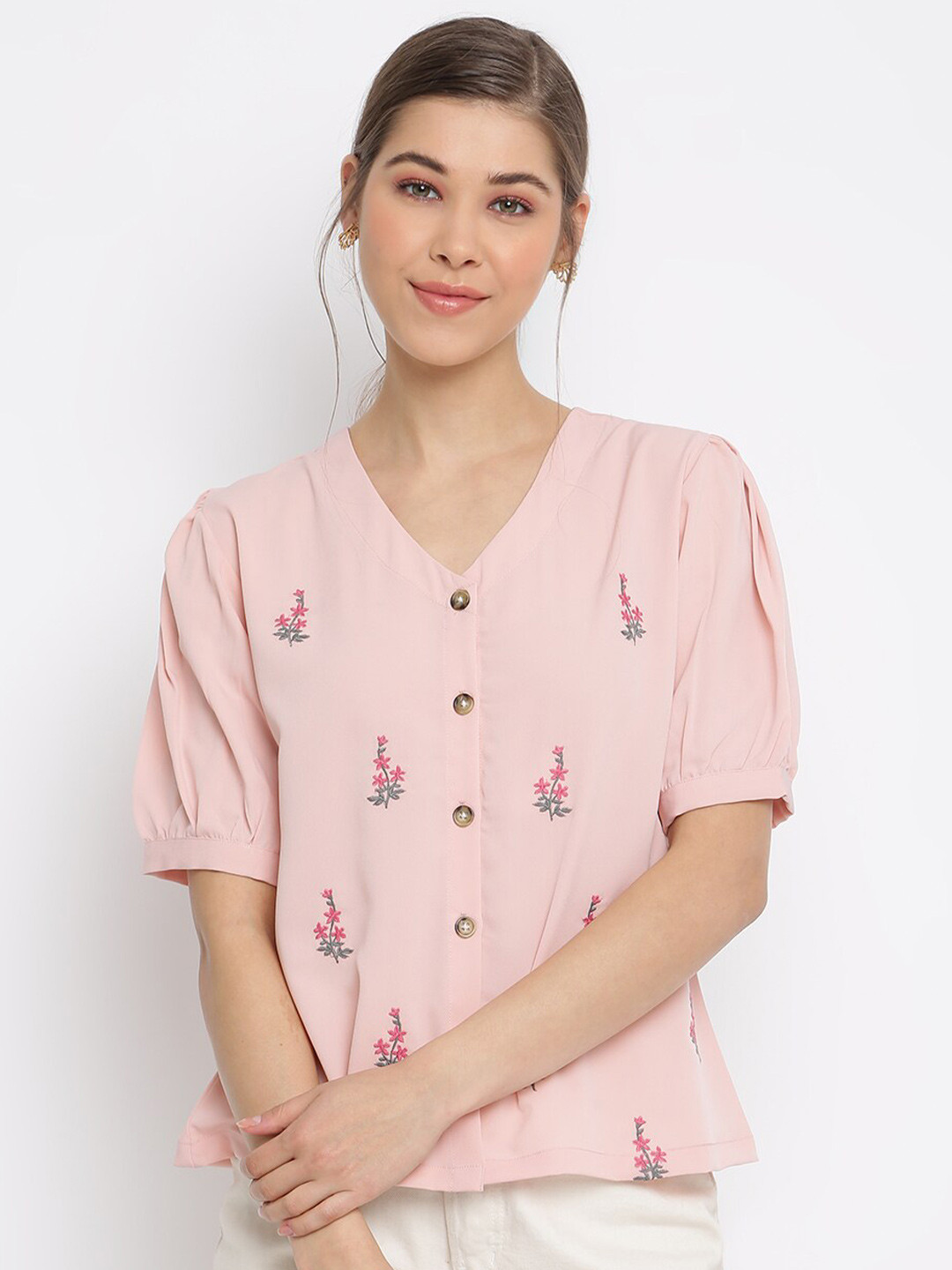 Buy Mayra Pink & Green Floral Embroidered Crepe Top - Tops for Women ...