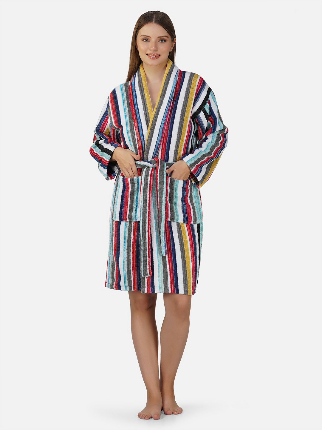 Buy RANGOLI Women Striped 400 GSM Bath Robe With Rope - Bath Robe for ...