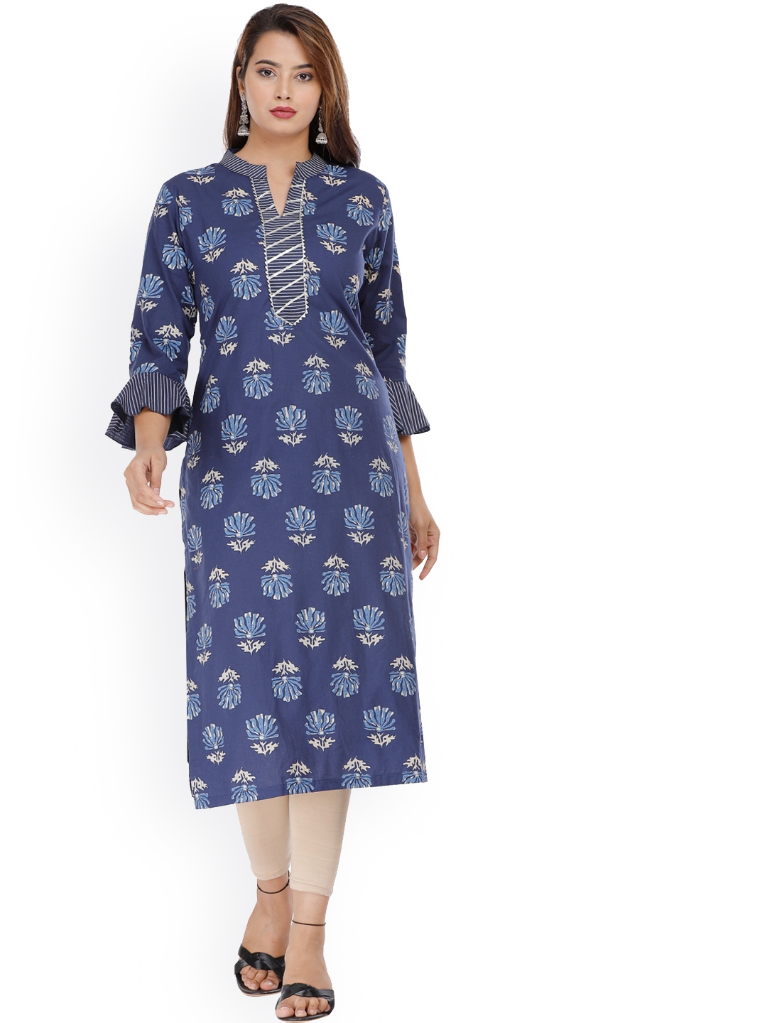 Buy Kalini Women Navy Blue Ethnic Motifs Printed Flared Sleeves Gotta