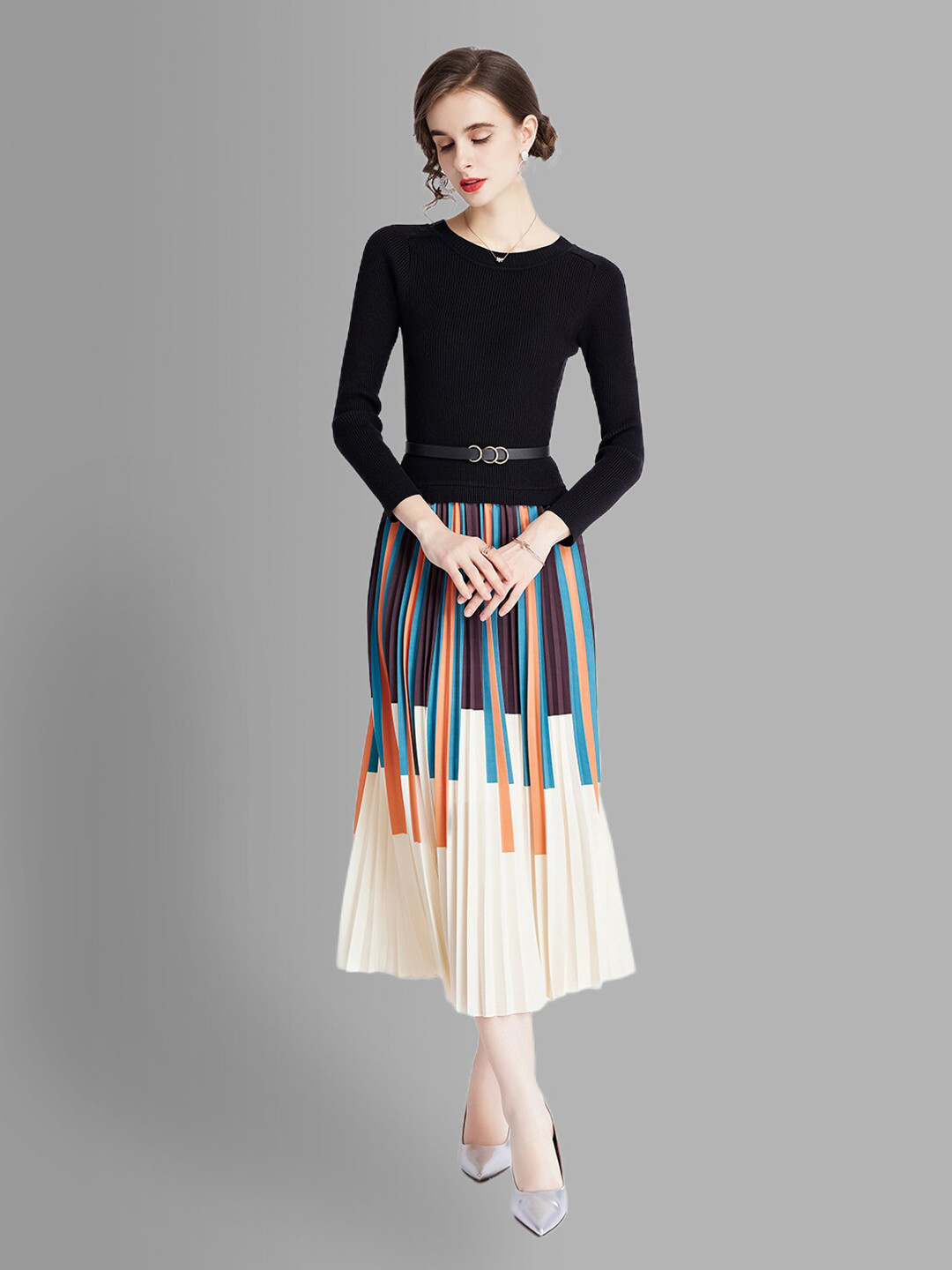 Buy JC Collection Black & Off White Striped Accordion Pleats Midi Dress ...
