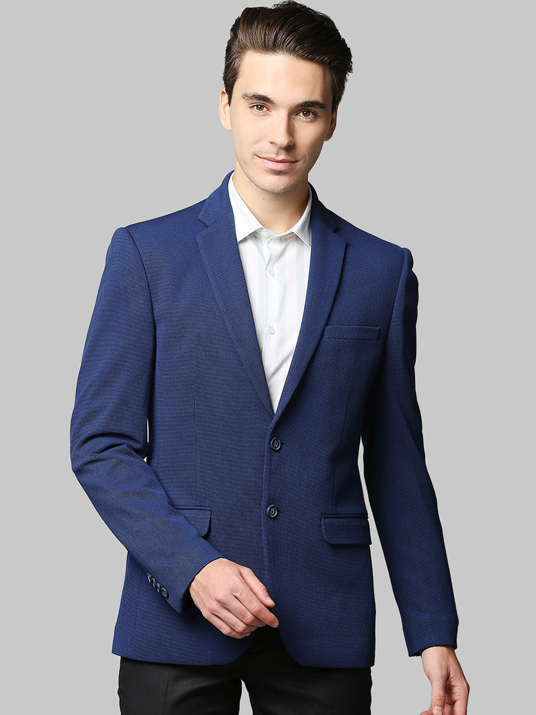 Buy Park Avenue Men Blue Self Design Single Breasted Formal Blazer ...
