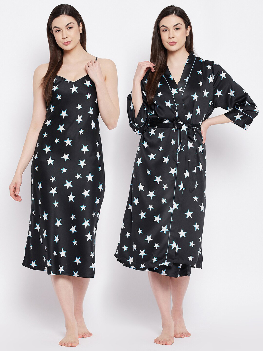 Buy Clovia Black Satin Maxi Nightdress With Robe - Nightdress for Women ...
