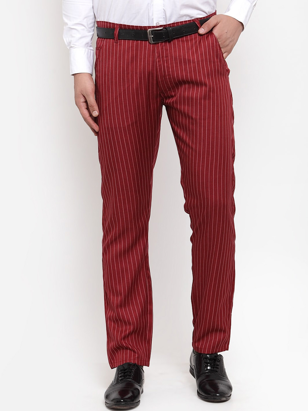 Buy JAINISH Men Maroon Striped Smart Slim Fit Easy Wash Trousers ...
