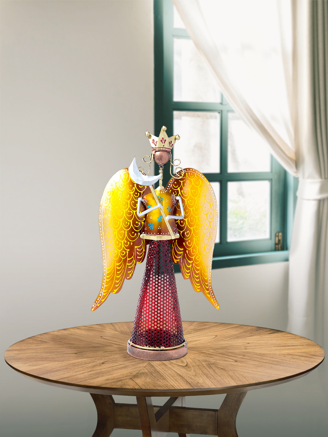 Buy Golden Peacock Mustard Yellow & Maroon Angel Figurine Candle Holder ...