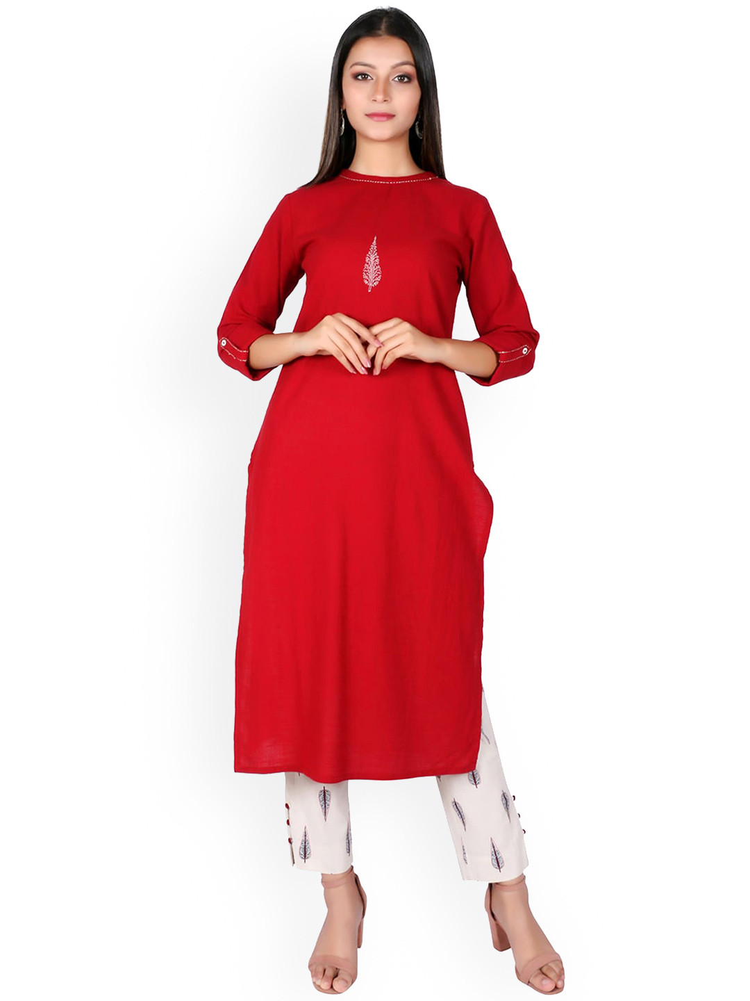 Buy FabGLOBAL Women Red Ethnic Motifs Printed Pure Cotton Kurta With ...