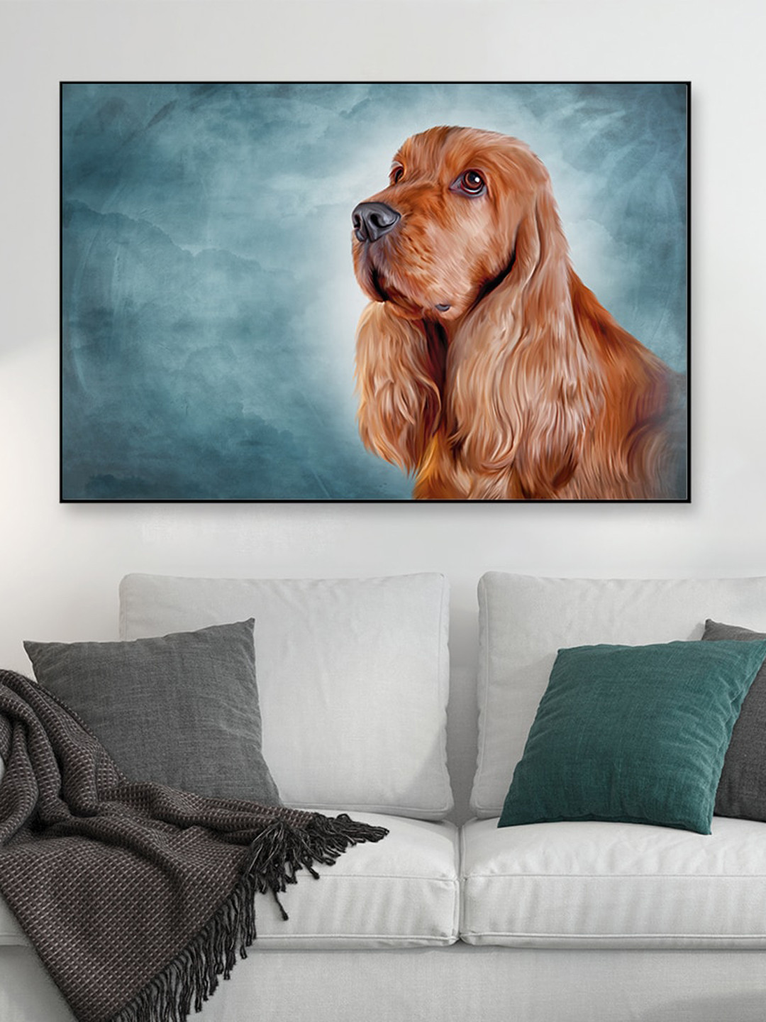 Buy WALLMANTRA Blue & Brown Cocker Spaniel Dog Portrait Framed Canvas ...
