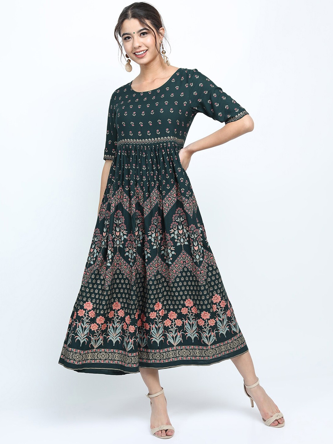 Buy Vishudh Women Green Ethnic Motifs Ethnic A Line Midi Dress Ethnic
