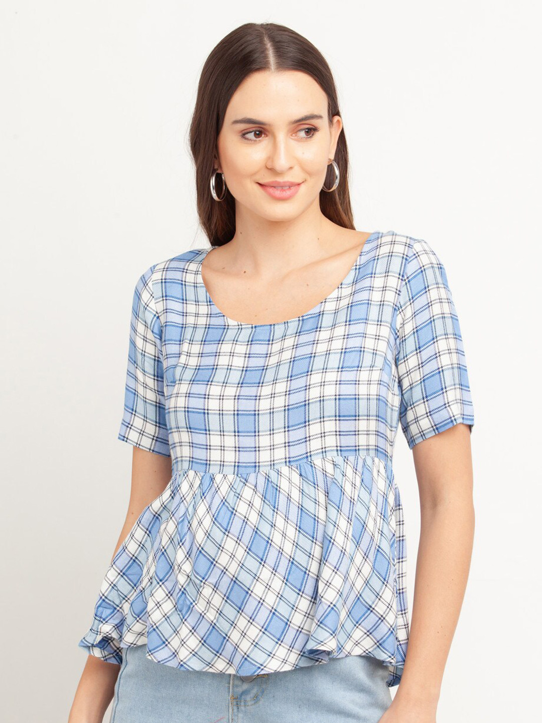 Buy Zink London Blue & White Checked Empire Top - Tops for Women 17446592 | Myntra
