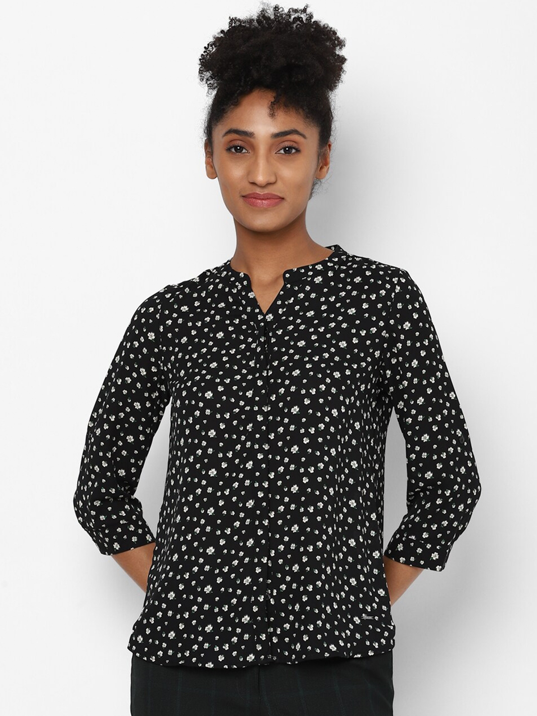 Buy Allen Solly Woman Black And Green Floral Print Mandarin Collar Shirt