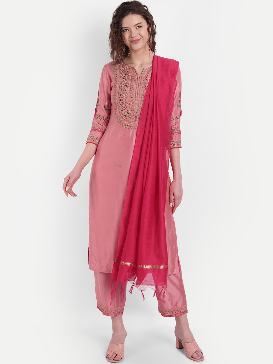 Buy SUTI Women Rose Floral Yoke Design Kurta With Trouser & Dupatta ...