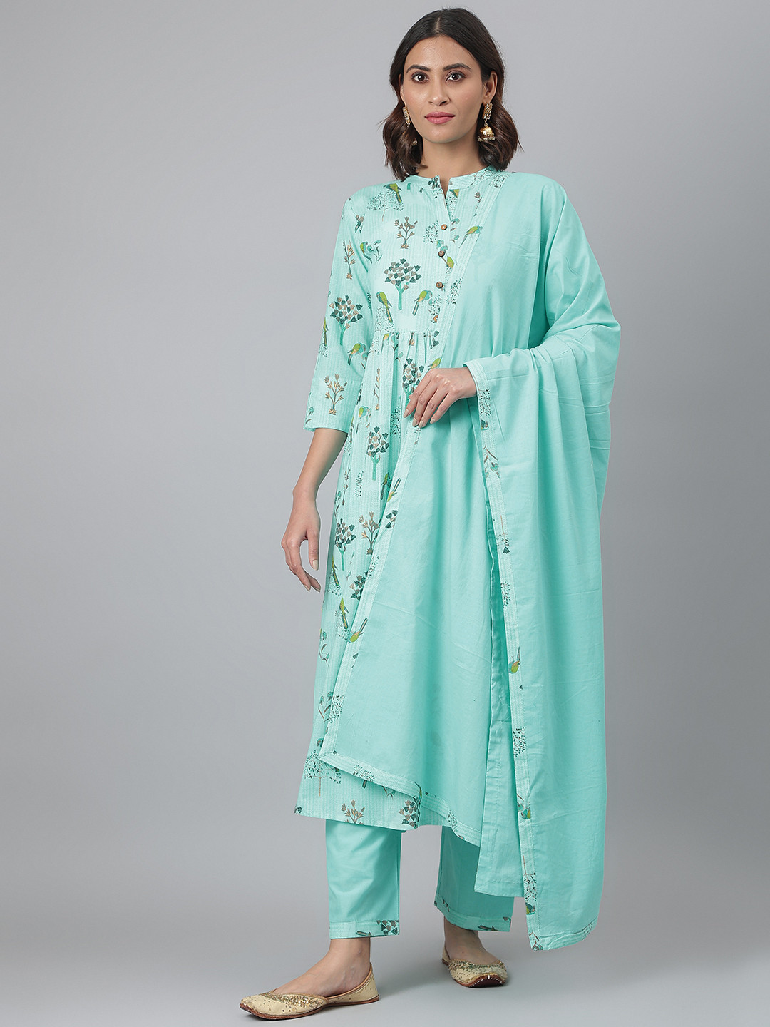 Buy Fusion Threads Women Sea Green Ethnic Printed Pure Cotton Kurta With Trousers & Dupatta ...