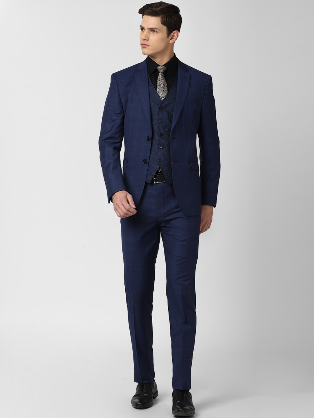 Buy Van Heusen Men Navy Blue Checked Slim Fit 3 Piece Formal Suit ...