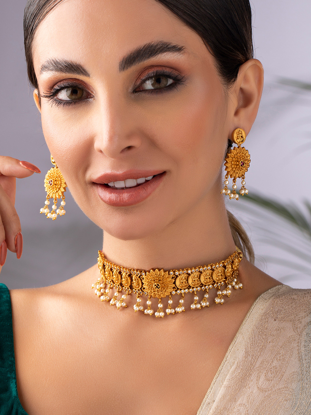 Buy Rubans 24K Gold Plated White AD Studded Ruby Jewellery Set ...