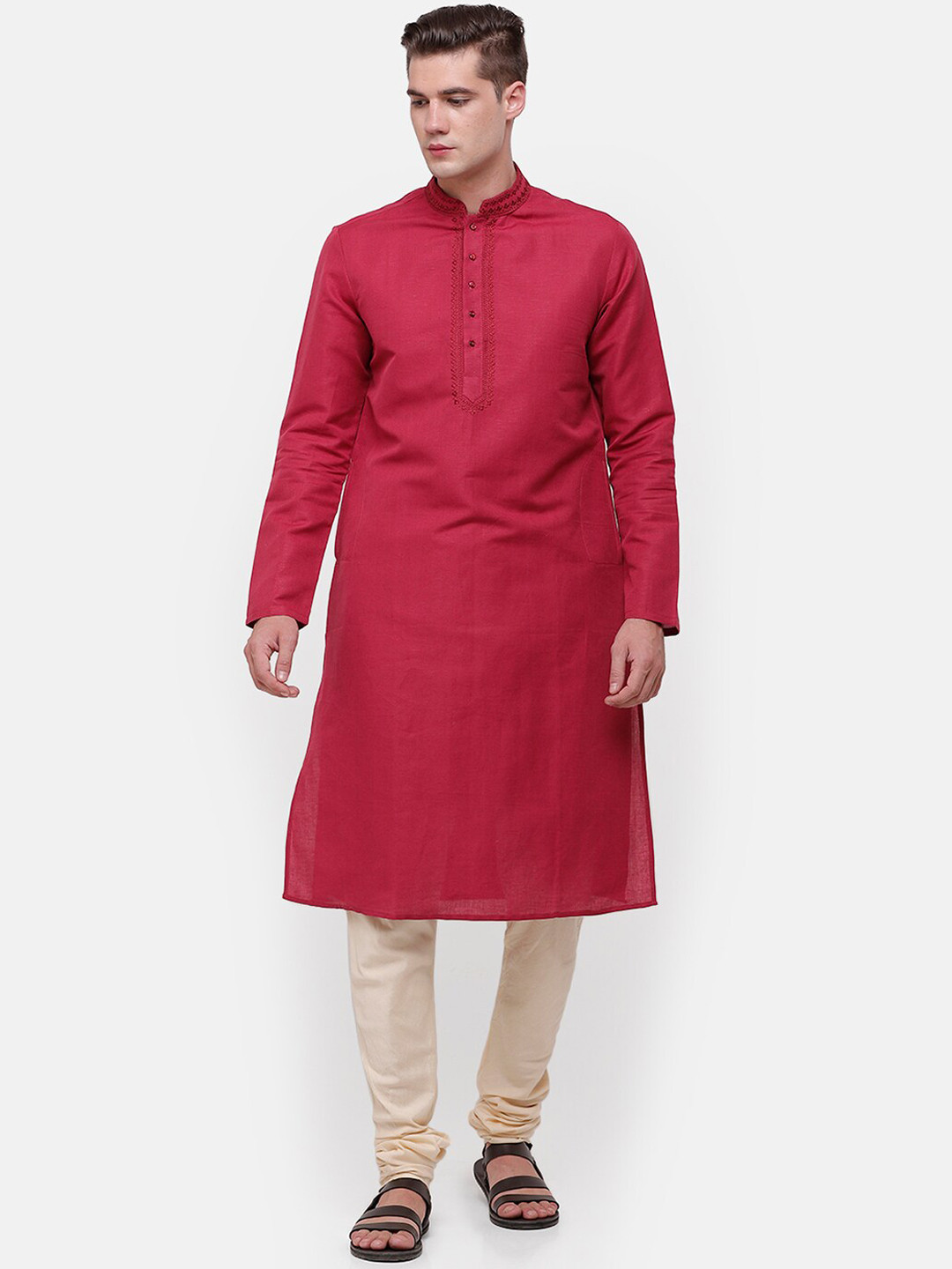 Buy Linen Club Men Red Thread Work Linen Kurta - Kurtas for Men ...