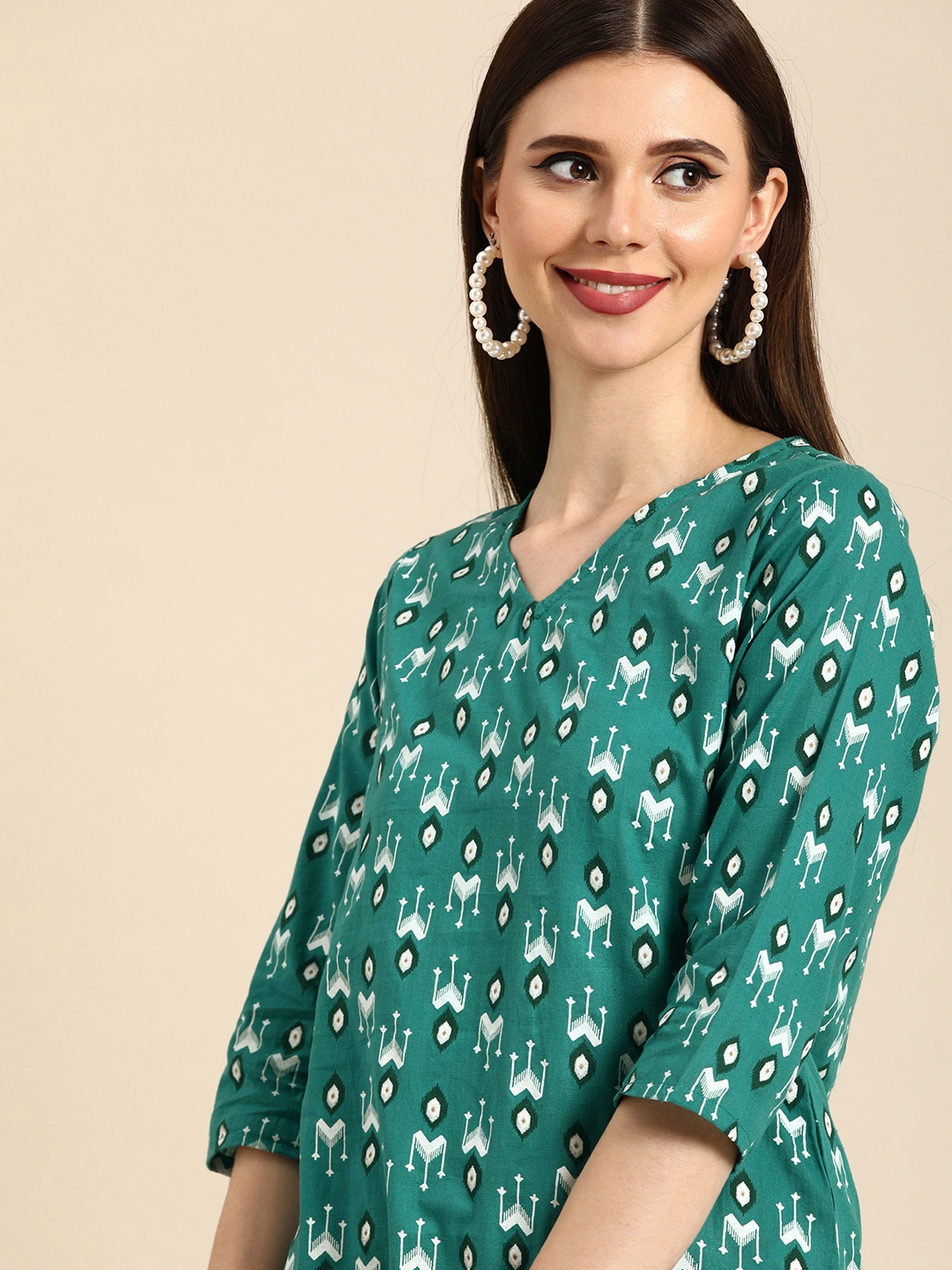 Buy Anouk Women Teal Green And White Ethnic Motifs Printed Pure Cotton