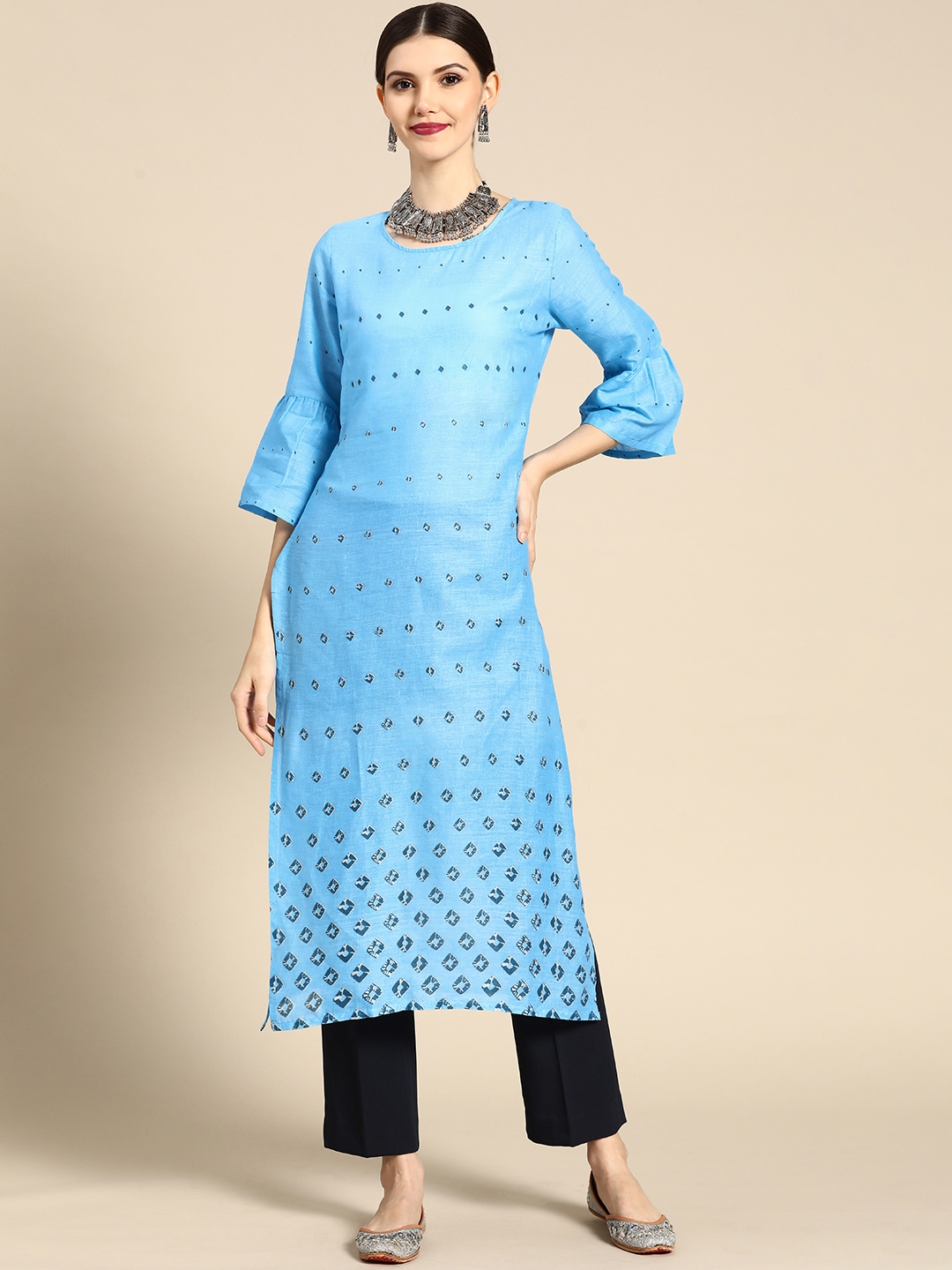 Buy Anouk Women Blue Pure Cotton Bandhani Print Kurta Kurtas For