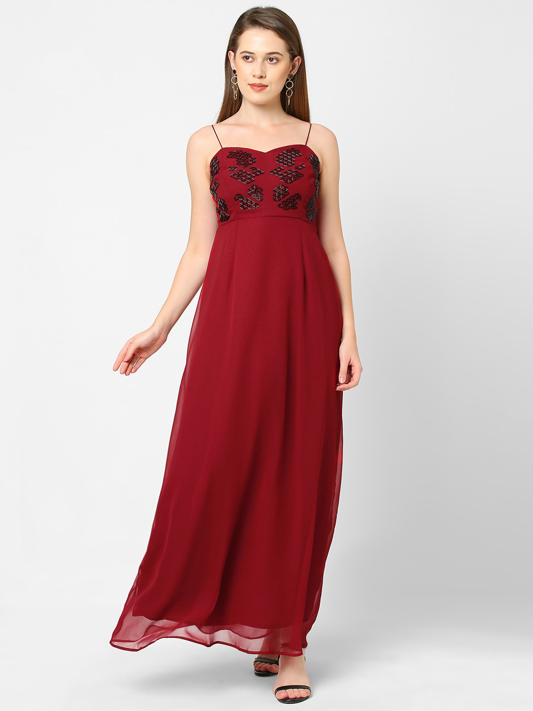 Buy MISH Maroon Embellished Georgette Maxi Dress - Dresses for Women ...