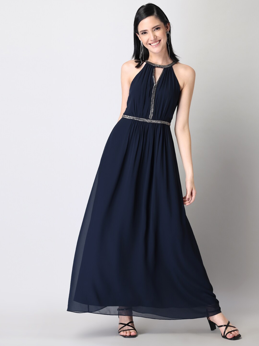 Buy Faballey Navy Blue Embellished Halter Neck Georgette Maxi Dress