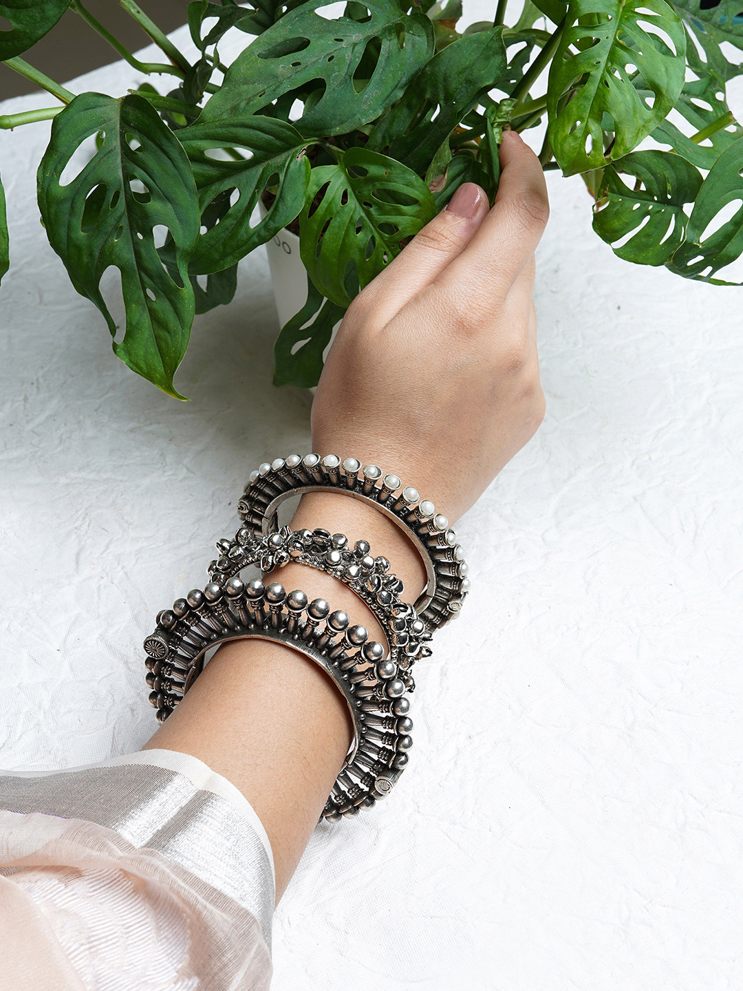 Buy TEEJH Women Set Of 3 Oxidised Silver Plated Bangle Style Bracelets ...