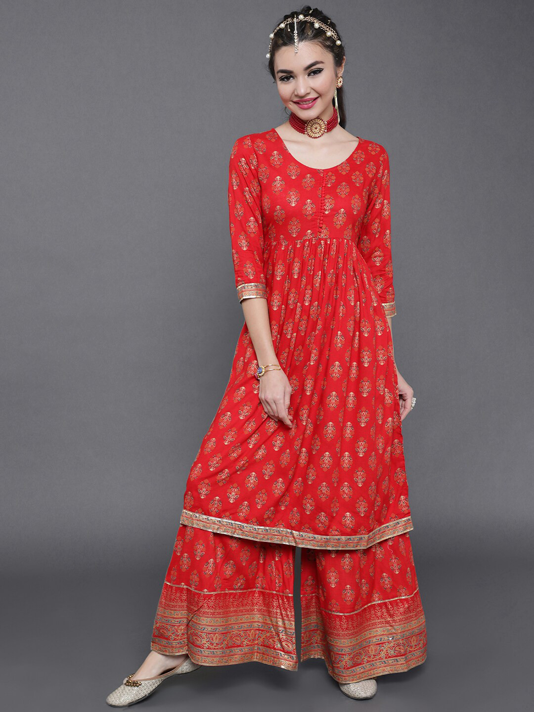 Buy Saubhagya Women Red Ethnic Motifs Printed Kurta With Palazzos ...