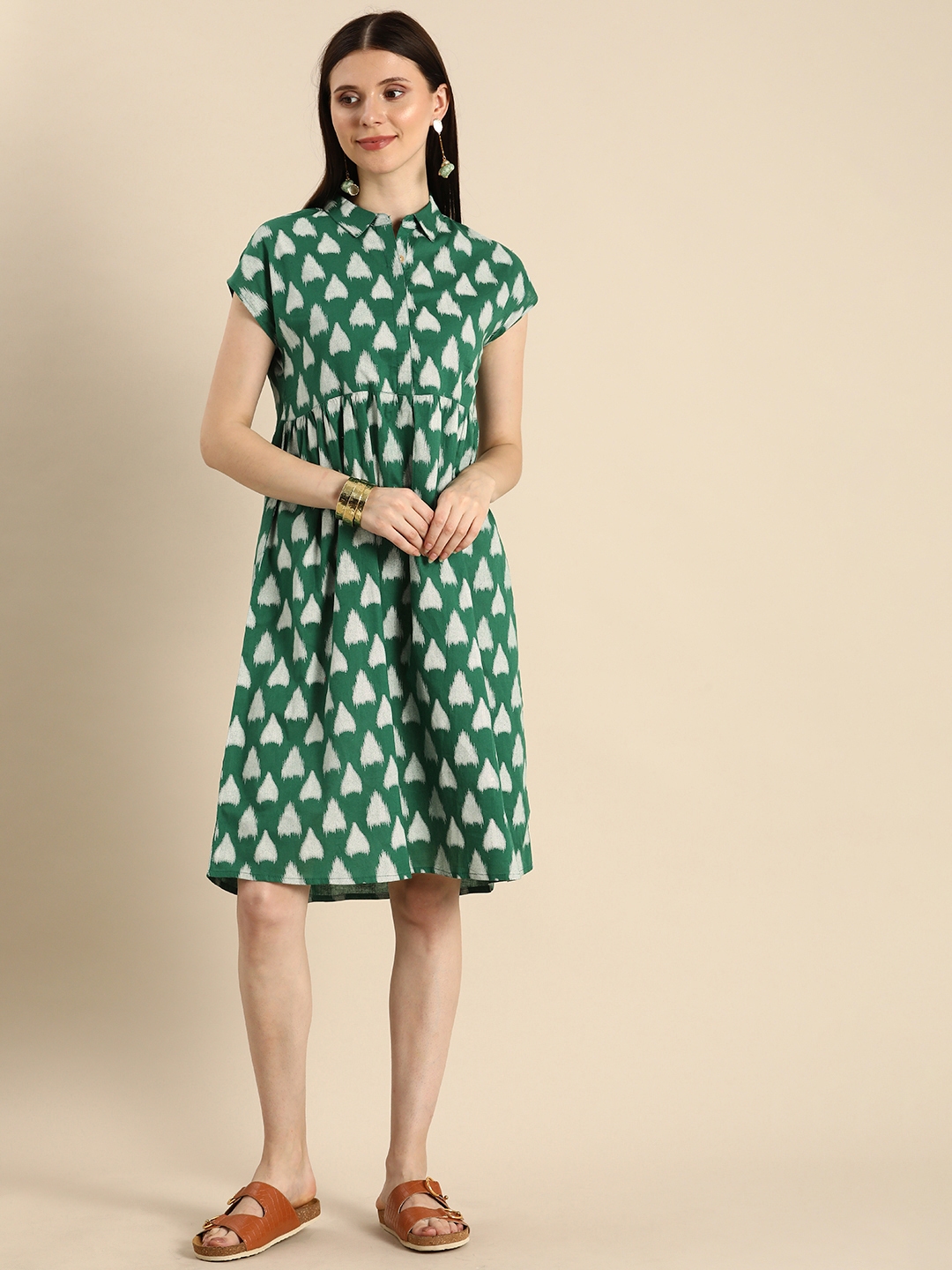Buy Anouk Green And White Printed Shirt Collar Pure Cotton A Line Dress
