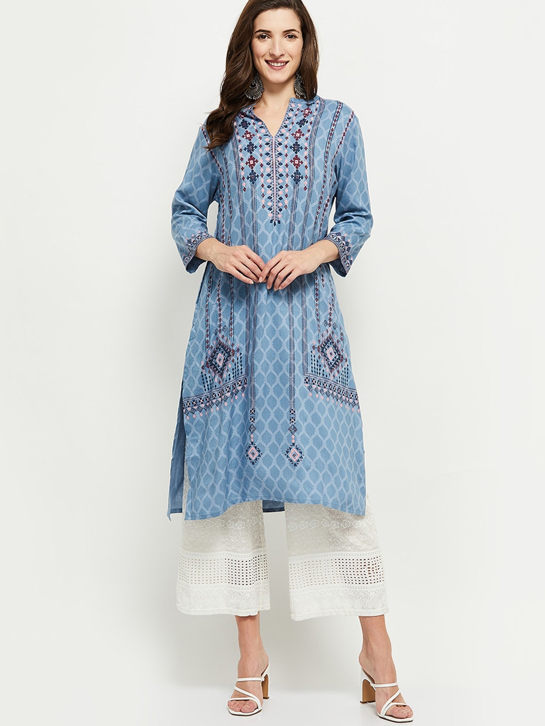 Buy Max Women Blue Ethnic Motifs Printed Thread Work Kurta Kurtas For