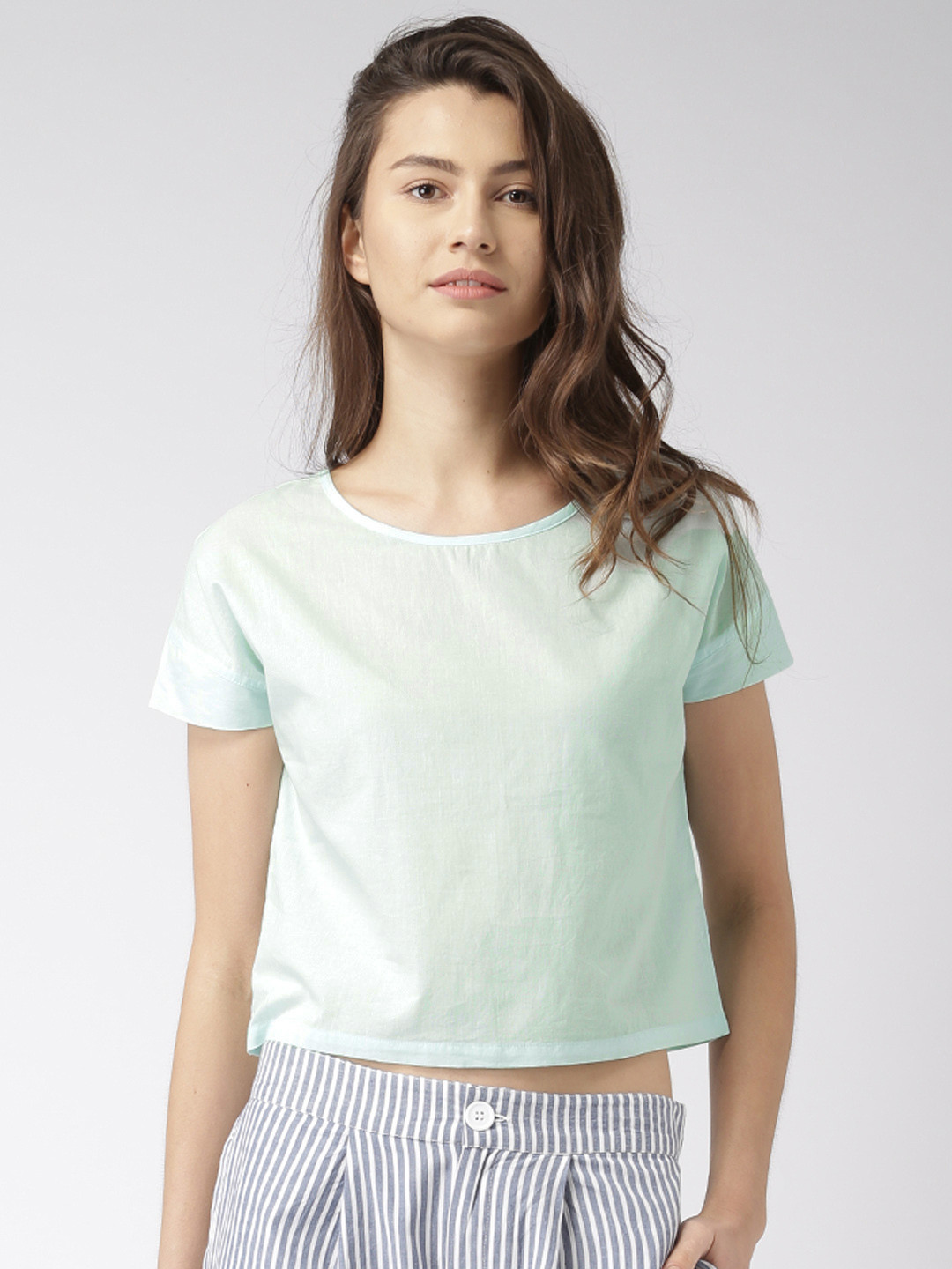 Buy Mast & Harbour Women Turquoise Blue Solid Crop Pure Cotton Top ...
