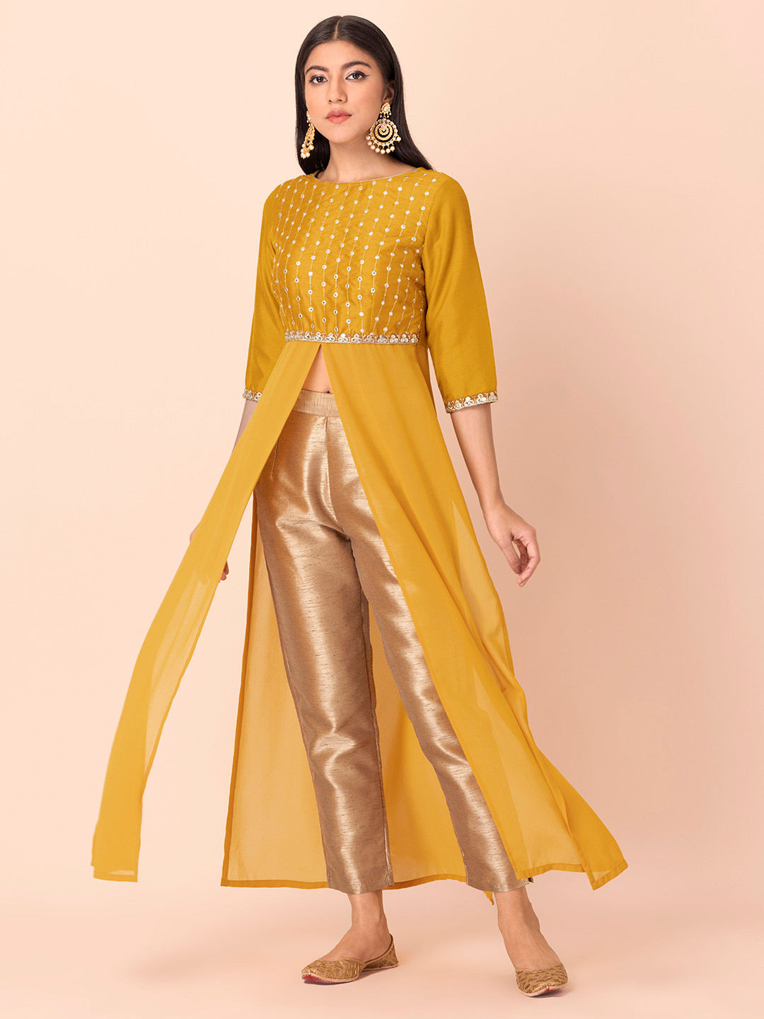 Buy Rang By Indya Mustard Yellow Yoke Design Gotta Patti High Slit ...